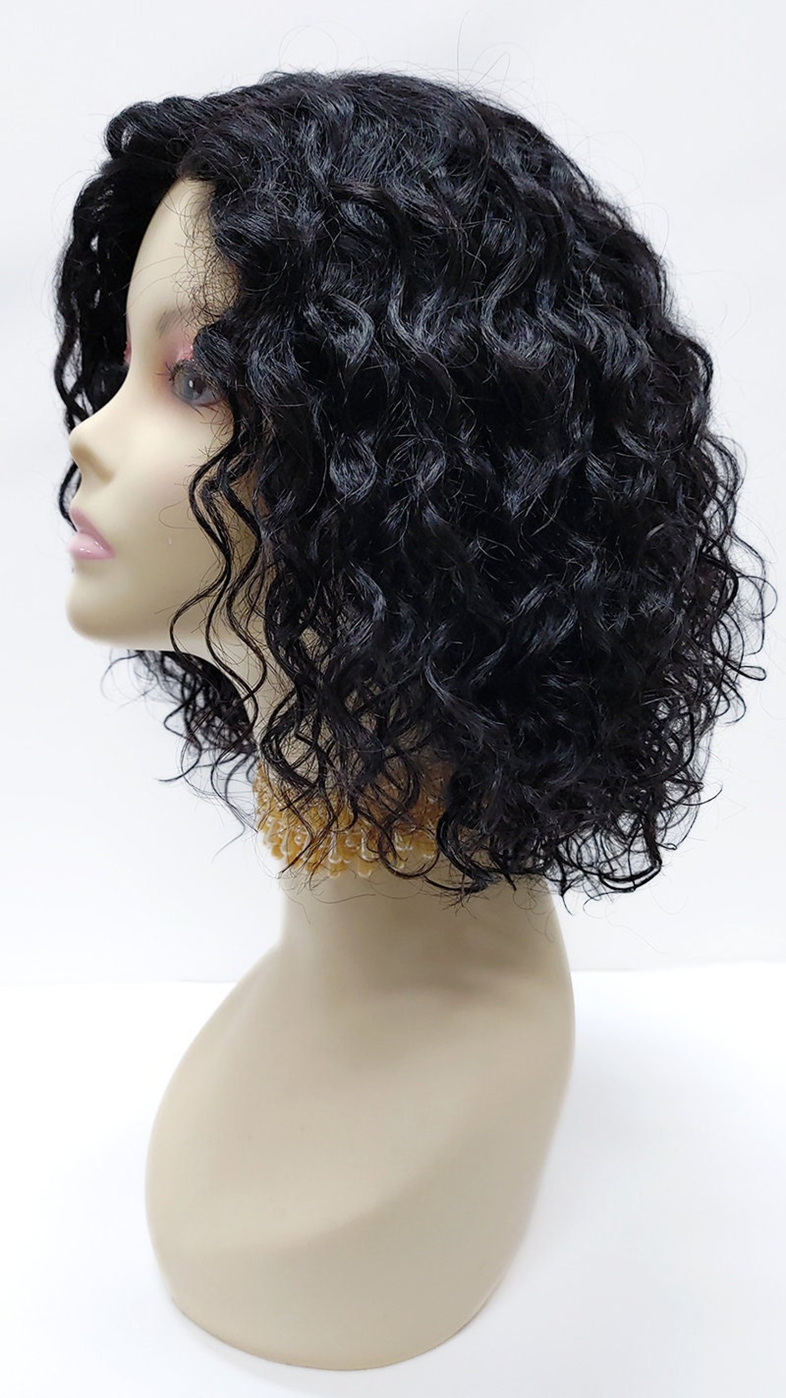 100% Human Hair 12 Inch Lace Front Short off Black Curly Lace Side Part ...
