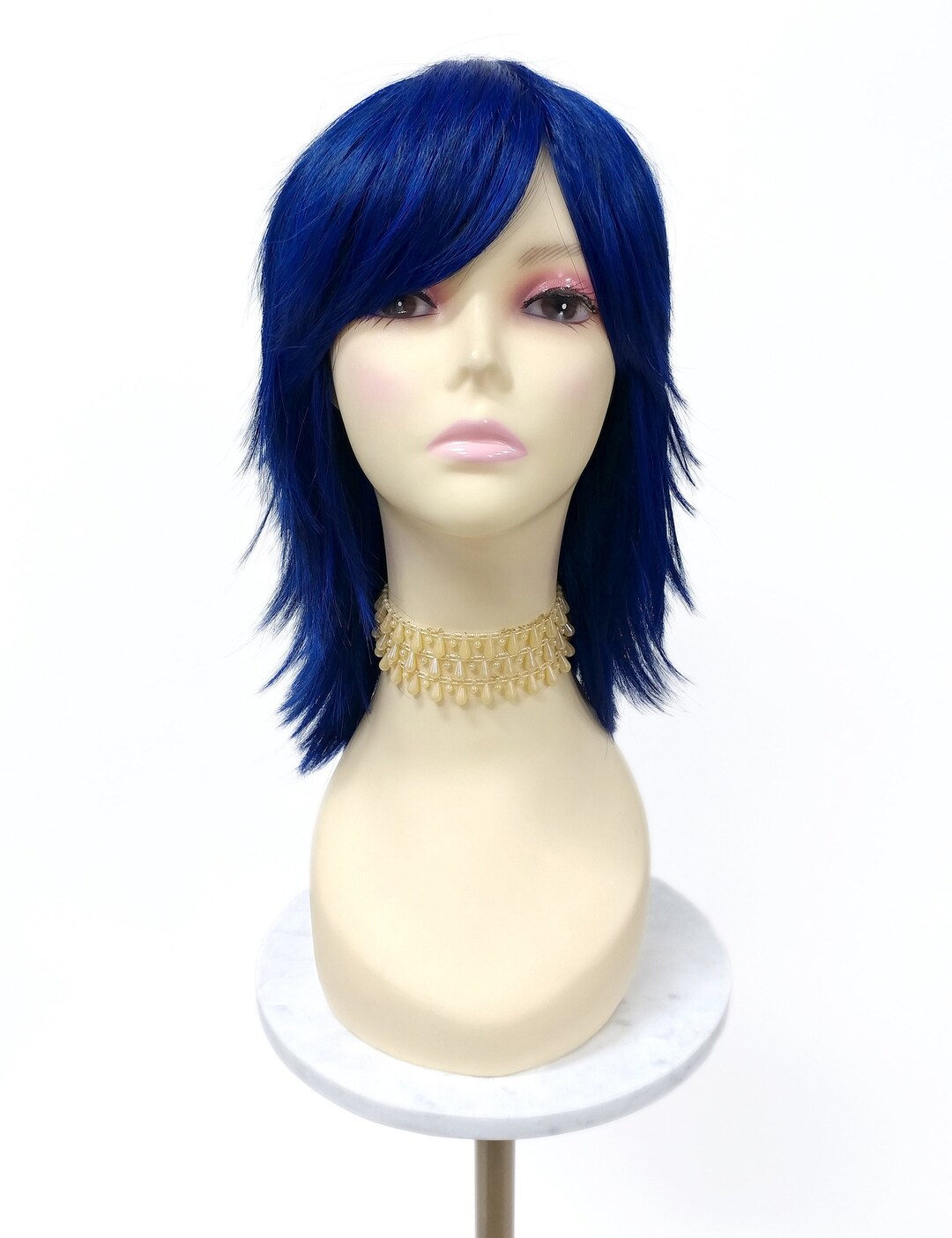 12 Inch Midnight Dark Blue Shag Style Straight And Layered With Bangs