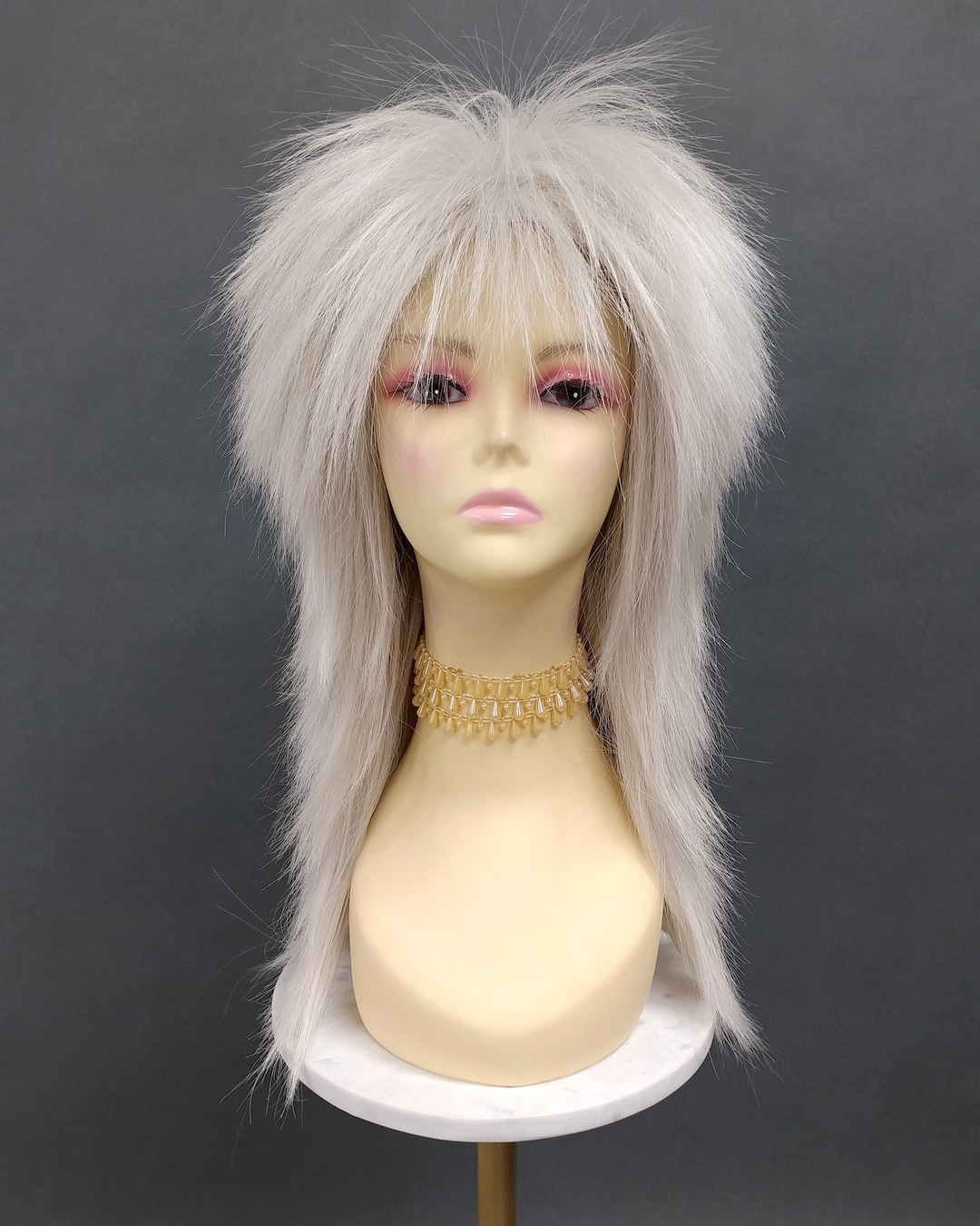 Punk Rock 80s Spiky Costume Wig Light Gray Long Mullet Rockstar Rocker ...