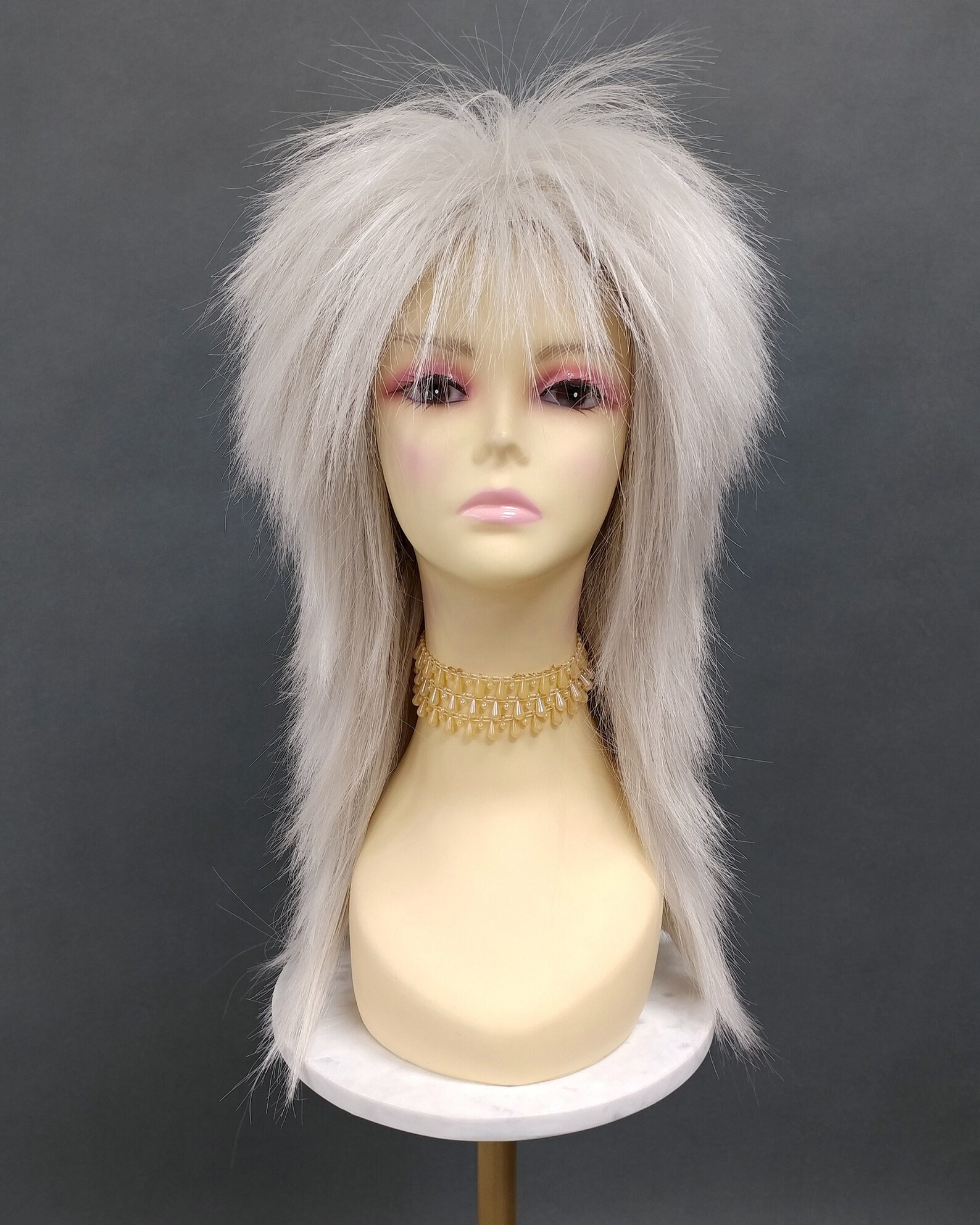 Punk Rock 80s Spiky Costume Wig Light Gray Long Mullet Rockstar Rocker ...