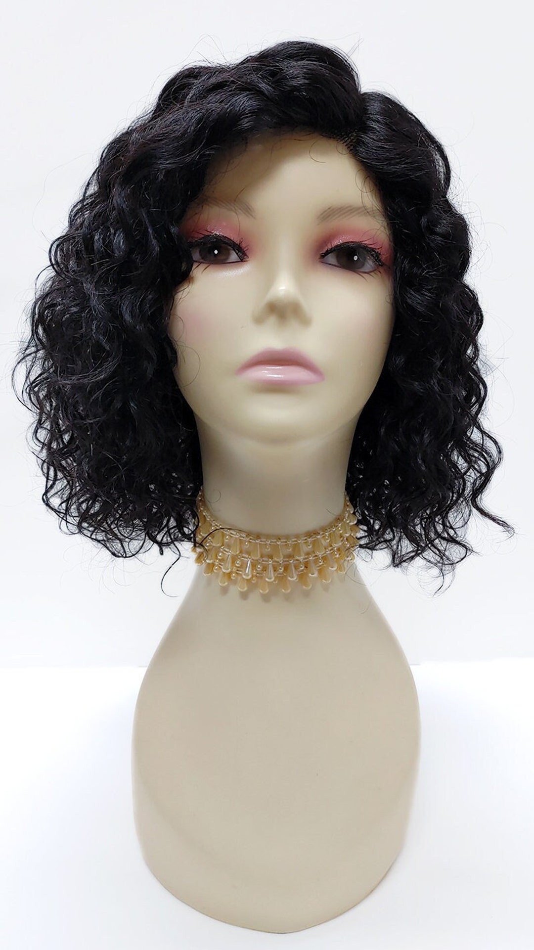 100% Human Hair 12 Inch Lace Front Short off Black Curly Lace Side Part ...