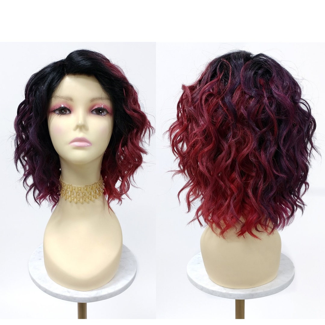 12 Inch Lace Front Cherry Red and Grape With Dark Roots Short Wavy Lob ...