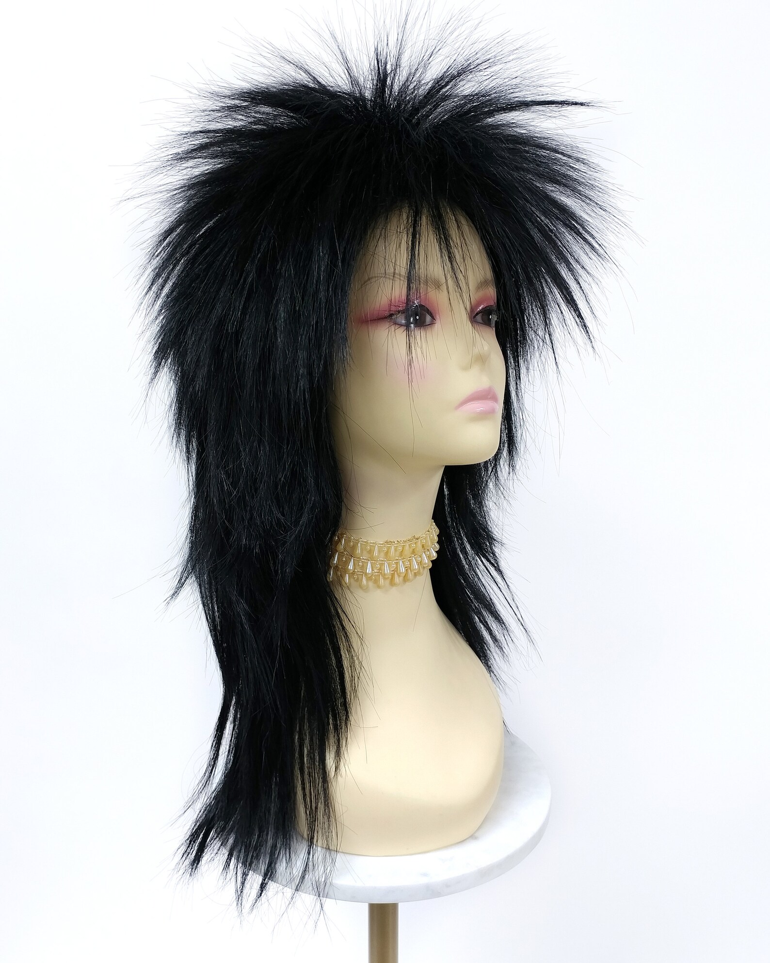 Punk Rock 80s Spiky Costume Wig Black Long Mullet Rockstar Rocker Large ...