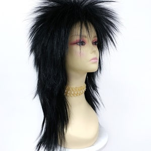 Punk Rock 80s Spiky Costume Wig Black Long Mullet Rockstar Rocker Large ...