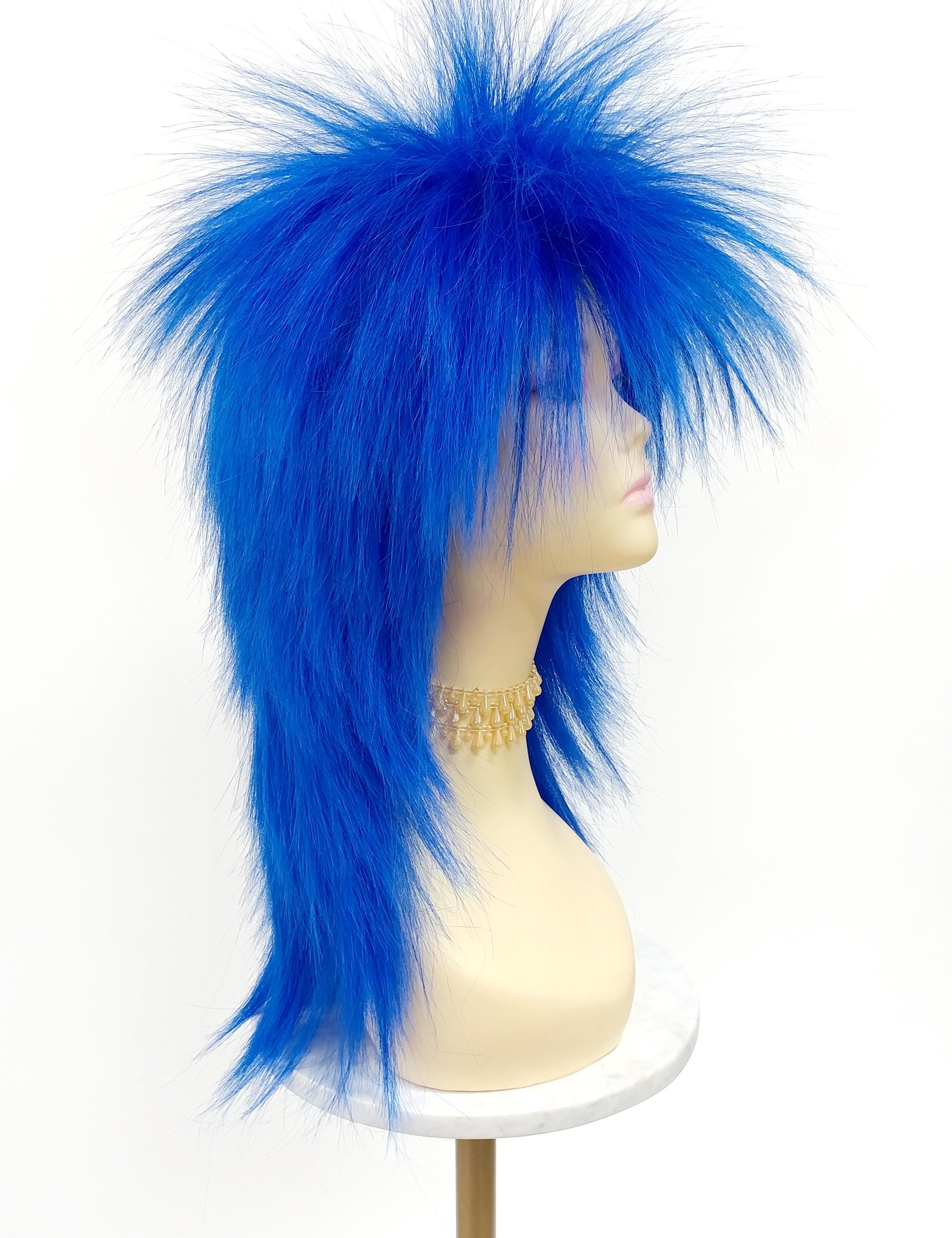 Punk Rock 80s Spiky Costume Wig Dark Blue Long Mullet Rockstar Rocker ...
