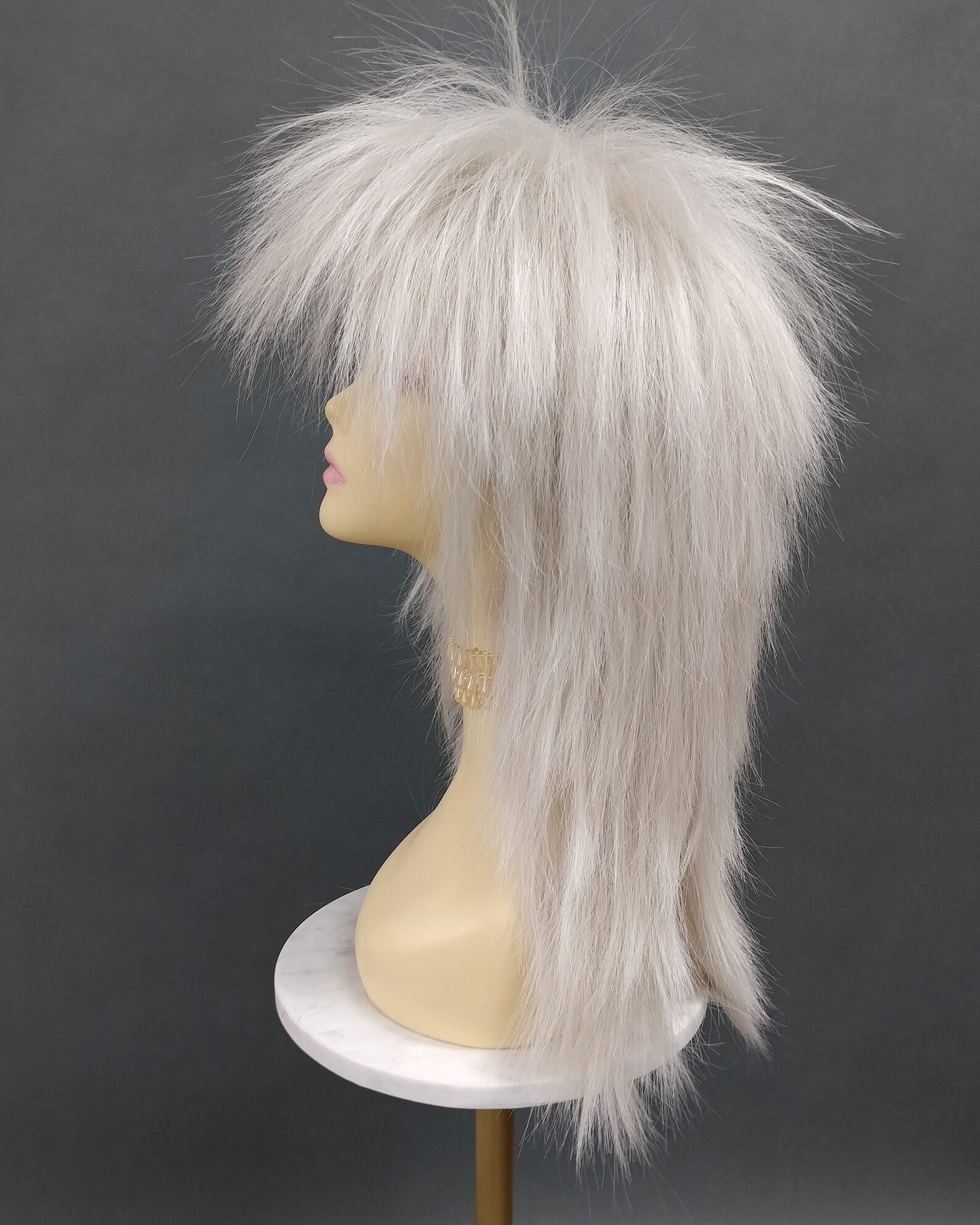 Punk Rock 80s Spiky Costume Wig Light Gray Long Mullet Rockstar Rocker ...