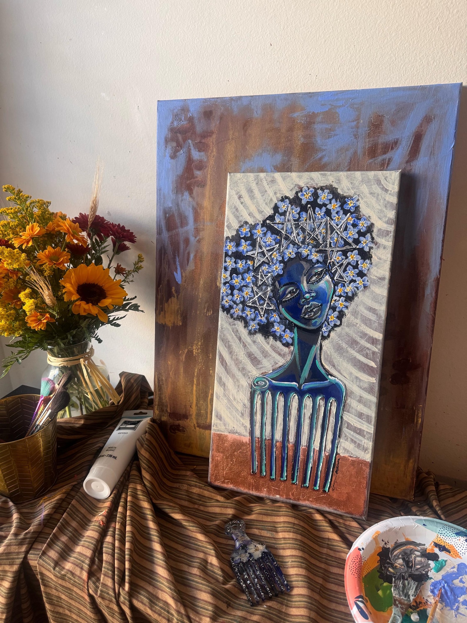 How I Wonder | 10x20” Mixed Media Afro Pick Art With Stars & Forget-me ...