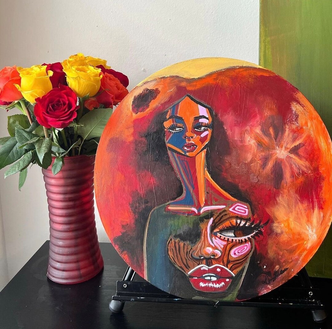 Discernment, Afro Line Art, Acrylic Painting on Round Canvas, Orange ...