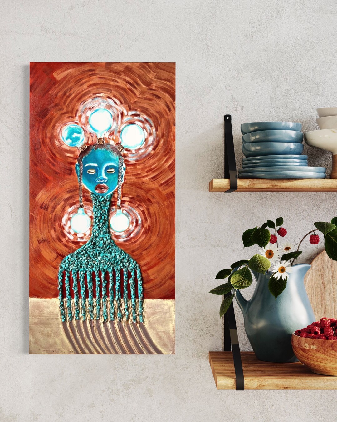 Zen Garden II, Afrocentric Mixed Media Art, Turquoise Afro Pick With ...