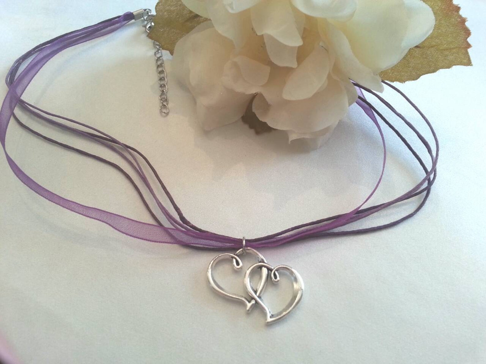 Double Heart Pendant Necklace. Purple Ribbon Heart Necklace. Sterling ...