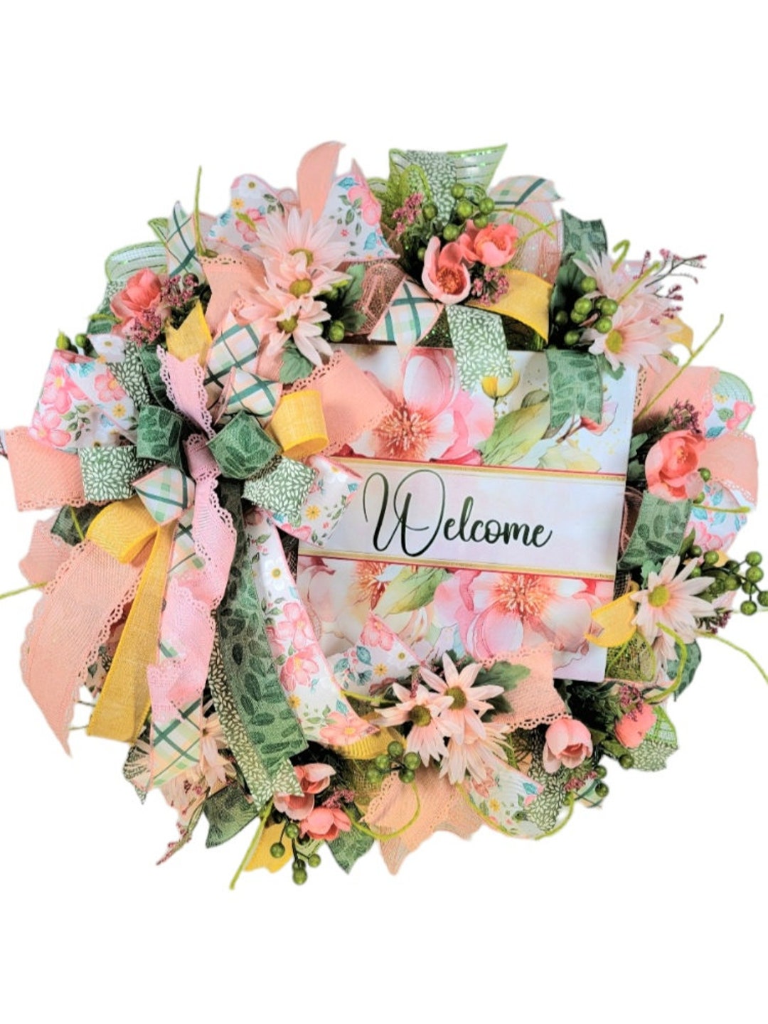 Welcome Spring Wreath, Peach and Green Spring Floral Wreath for Front ...