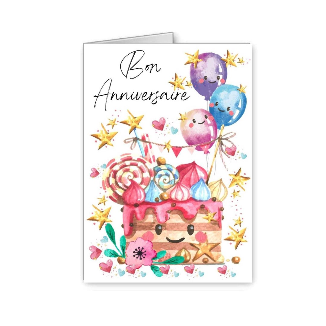 Bon Anniversaire French Happy Birthday Card France Cake envelope ...
