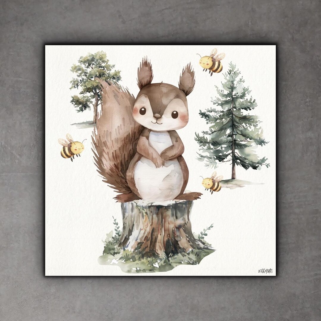 Whimsical Squirrel and Honey Bees, Watercolor, Woodland Animal Wall Art ...