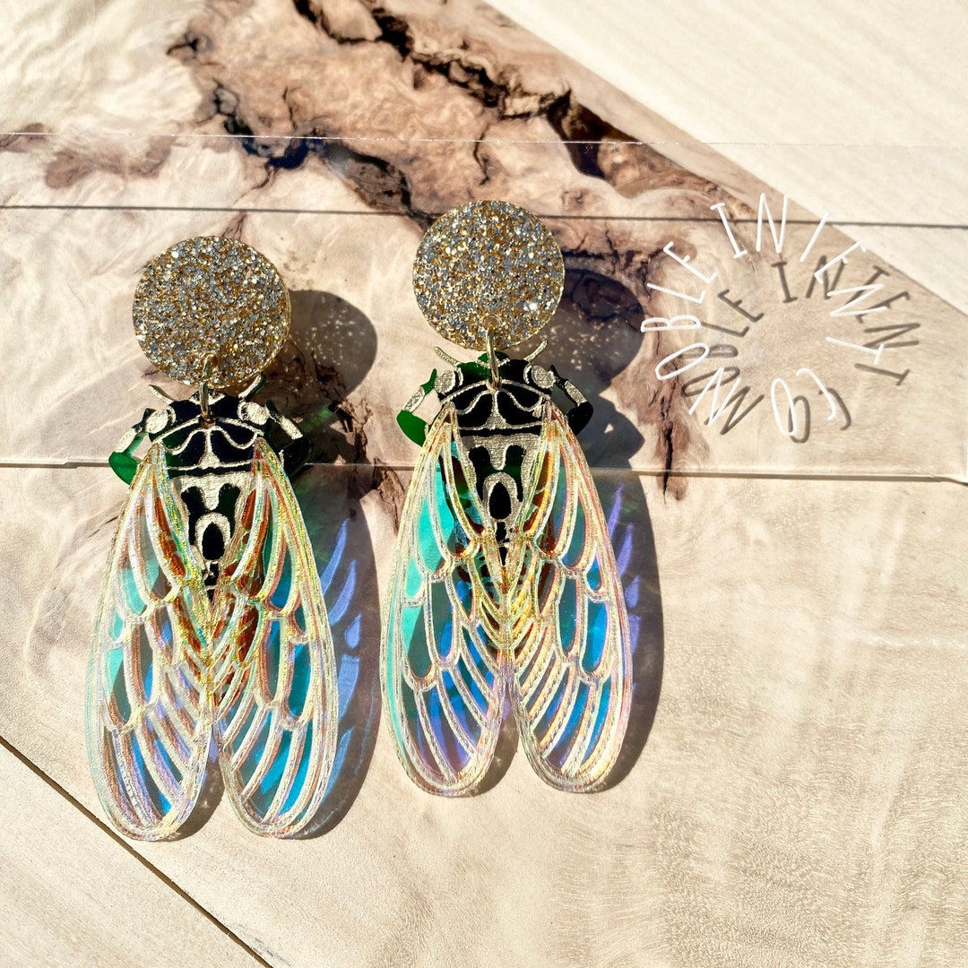 Cicada Acrylic Drop Earrings, Insect Earrings, Iridescent Acrylic Wings ...