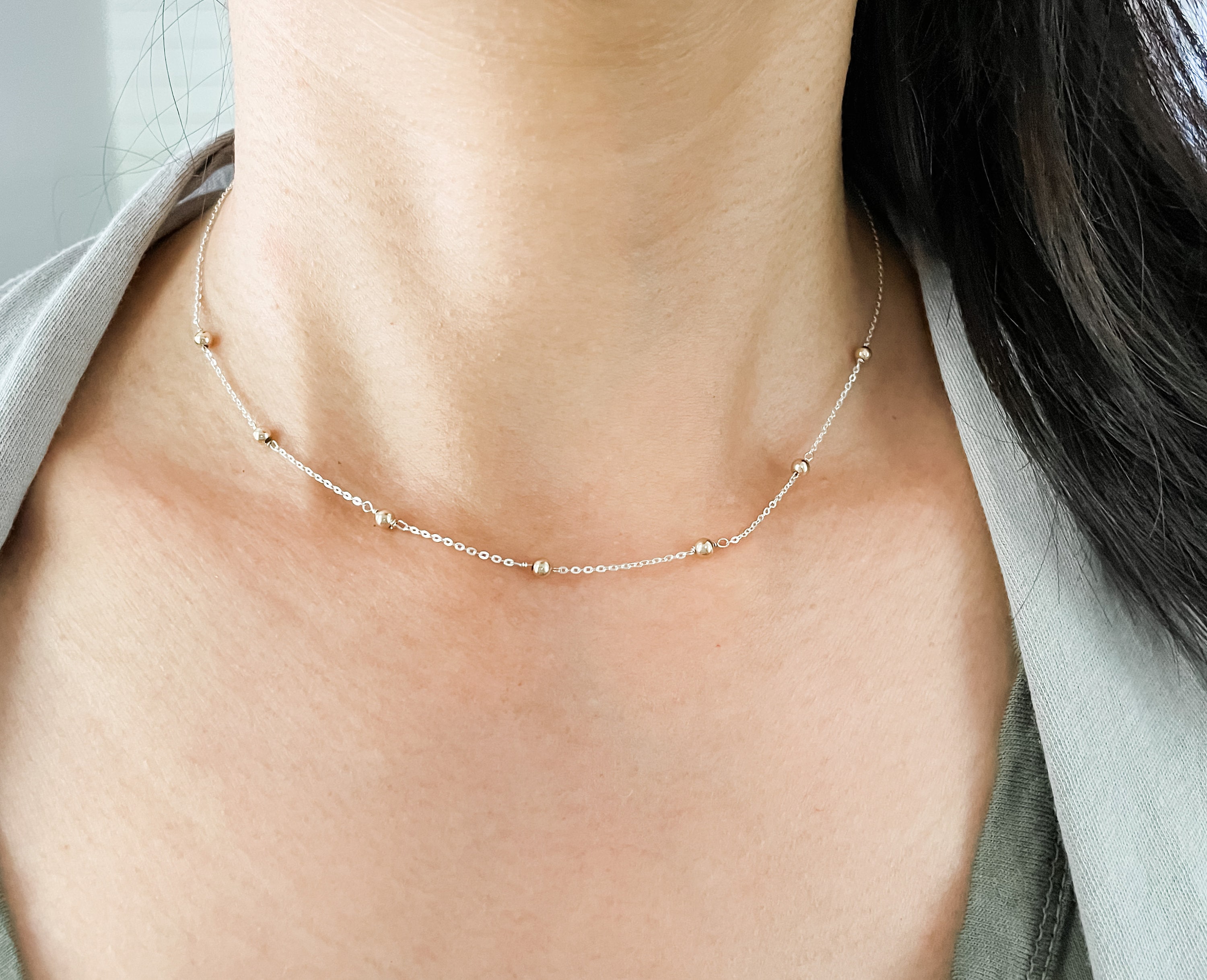 Tiny Gold Balls and Delicate Silver Chain Two Tone Necklace - Etsy