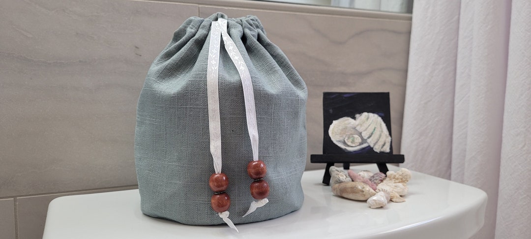Toilet Tissue Sack, Sage Green Beaded Paper Storage, Linen Toilet Paper ...