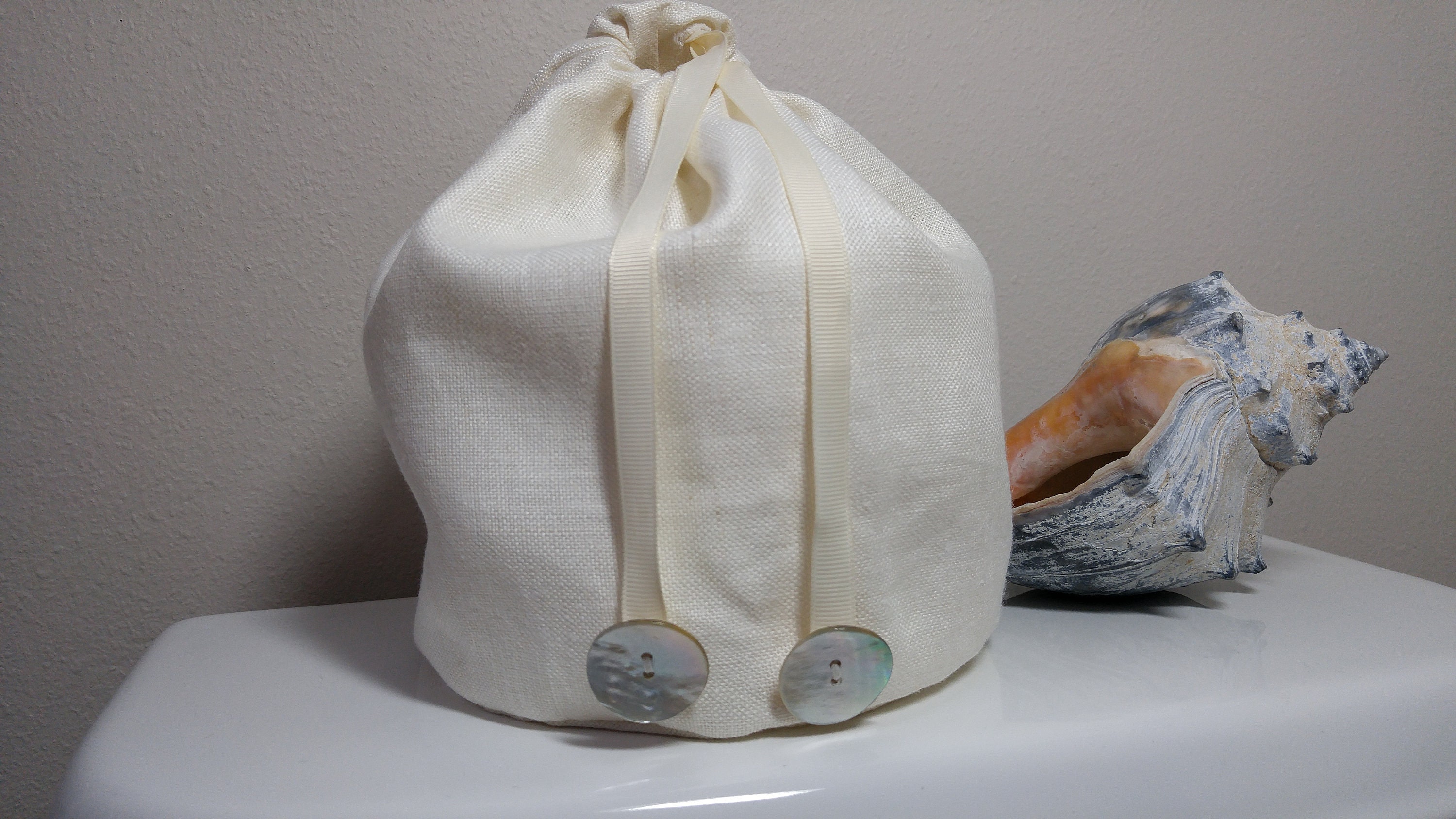 Tissue Cover, Linen, Oyster W/ Ribbon & Shell Buttons, Linen Toilet ...