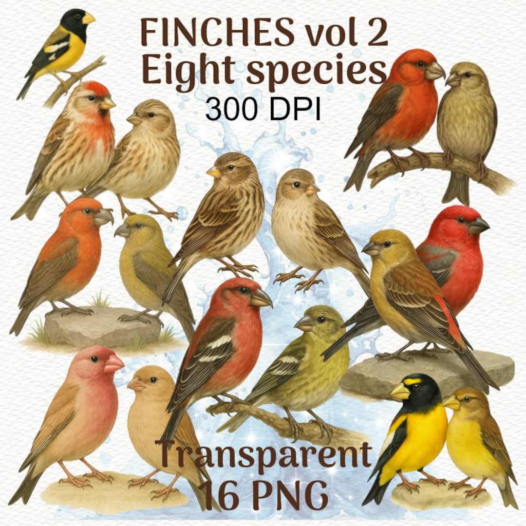 Finch Clipart Bundle Vol 2 - 16 Watercolor Pngs of European Finches ...