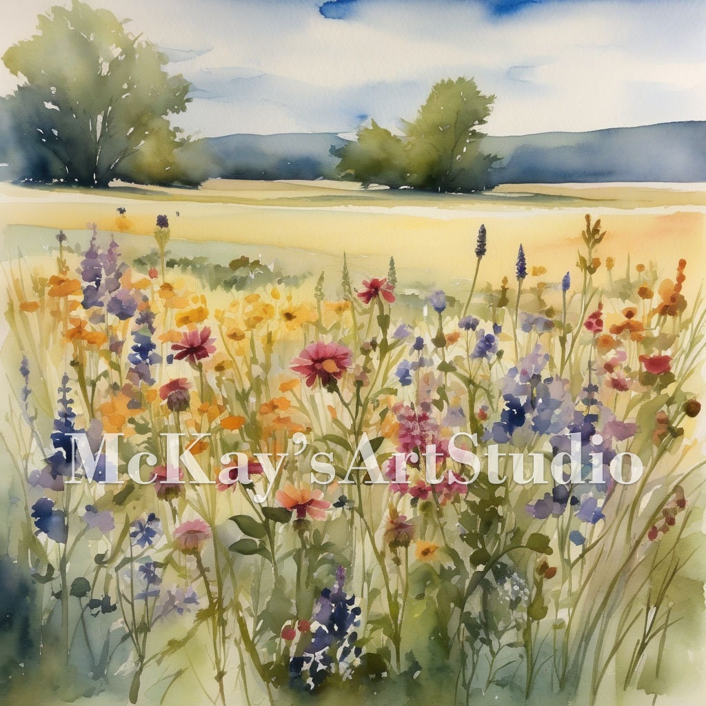 Printable Wildflower Field Landscape Watercolor Painting, Vintage ...