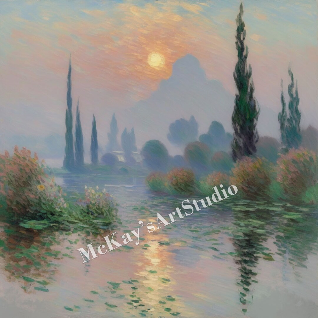 Vintage Impressionism Style Pond Landscape Watercolor Digital Art Print ...