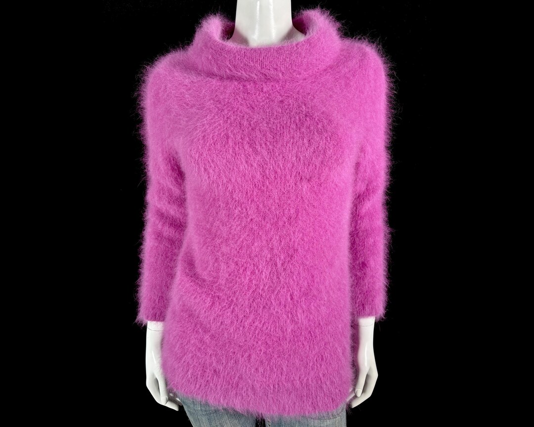 70% Angora Fuzzy Vintage MOTH Raspberry-pink Pullover Sweater 34" Bust ...