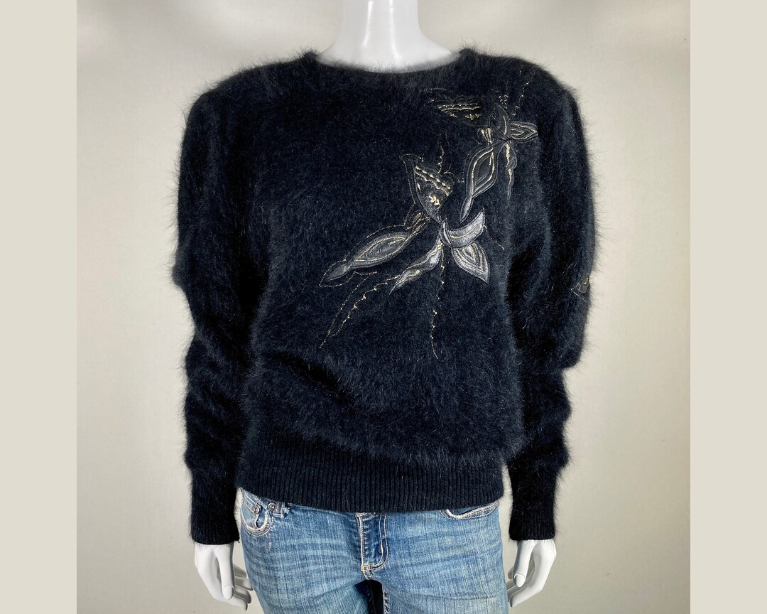 80% Angora Fuzzy CACHE Black Puff-sleeve Pullover Sweater 38bust - Etsy