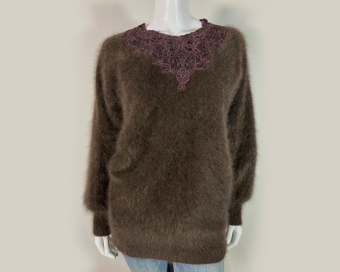 80% Angora Fuzzy Vintage VENESHA Brown Long-sleeve Lace Front Sweater ...