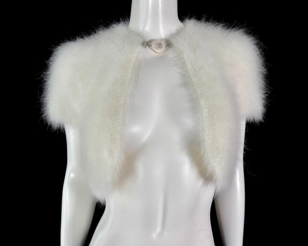 100% Angora Fuzzy Vintage White Formalwear Bridal Bolero Shrug Sweater ...