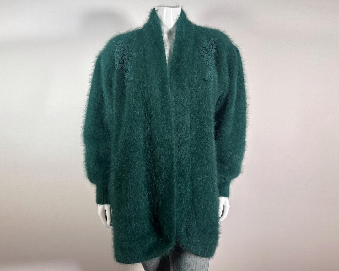 80% Angora Fuzzy Vintage VENESHA Forest-green Open-front Sweater Coat ...