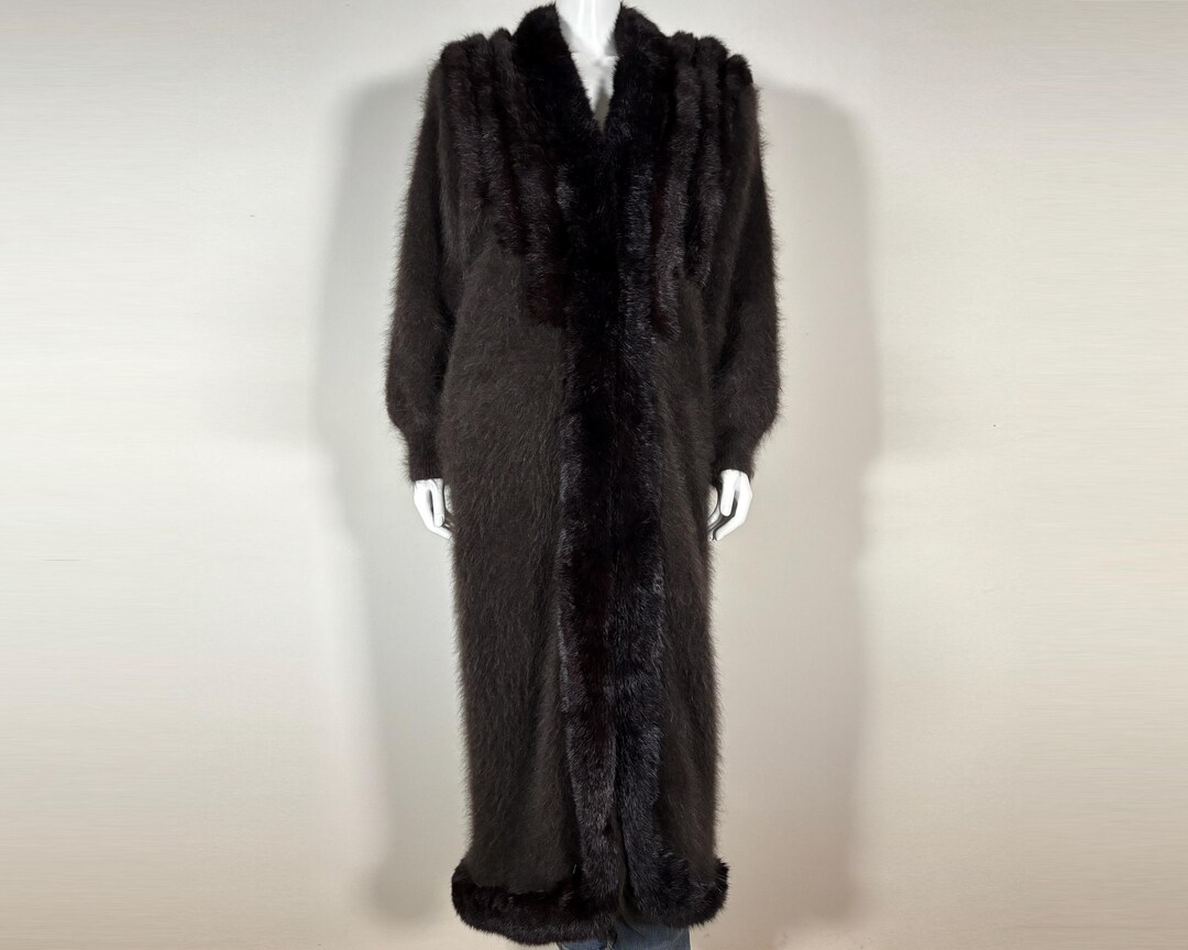 80% Angora Vintage Fuzzy LADY MONICA Brown Fur-trim Long Sweater Coat ...