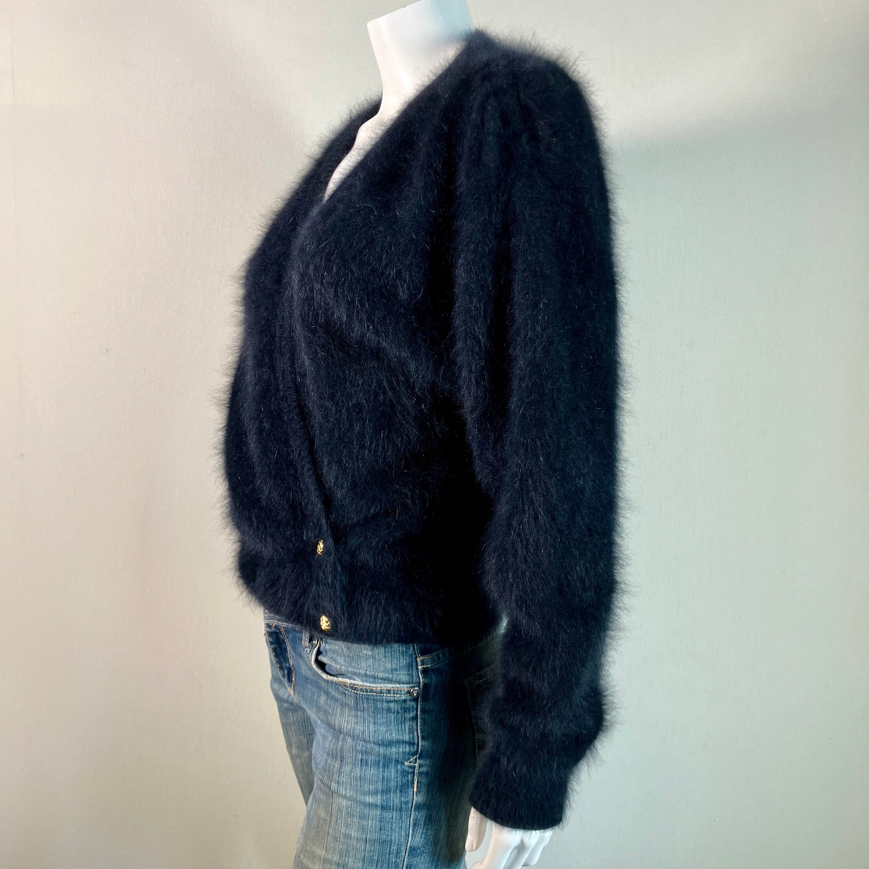 100% Angora Fuzzy Vintage JOIA HIN Black Wrap Cardigan Sweater 40" Bust ...