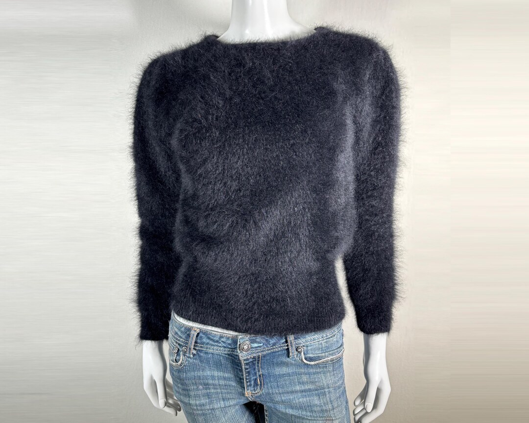 80% Angora Fuzzy Vintage PREMIER Black Puff-sleeve Pullover Sweater 34 ...