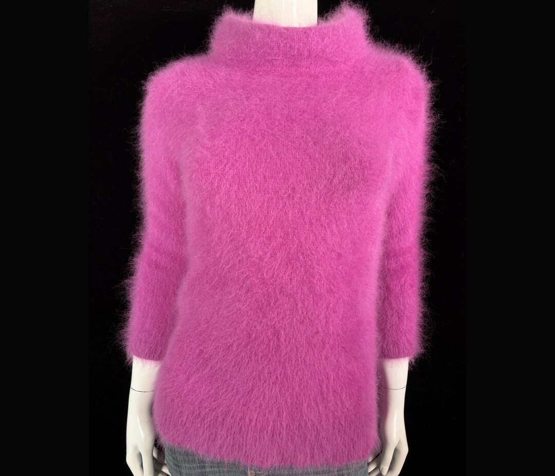 70% Angora Fuzzy Vintage MOTH Raspberry-pink Pullover Sweater 32" Bust ...