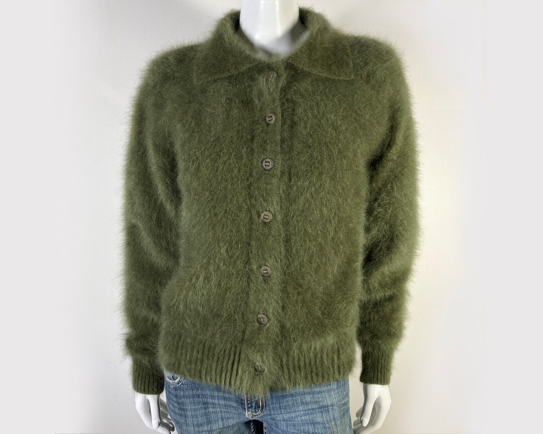 80% Angora Fuzzy Vintage VENESHA Olive-green Lined Sweater Jacket Coat ...