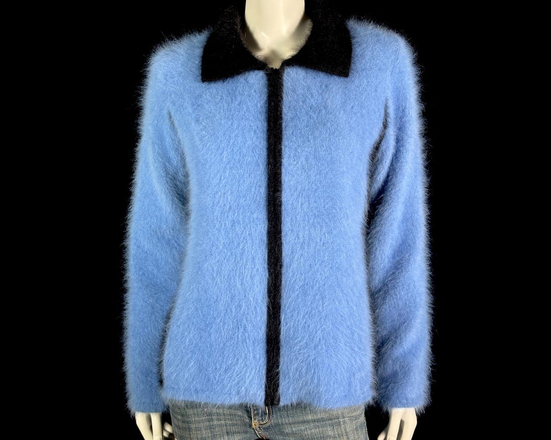 80% Angora Fuzzy Vintage VENESHA Blue Black Zipper Sweater Jacket 40 ...