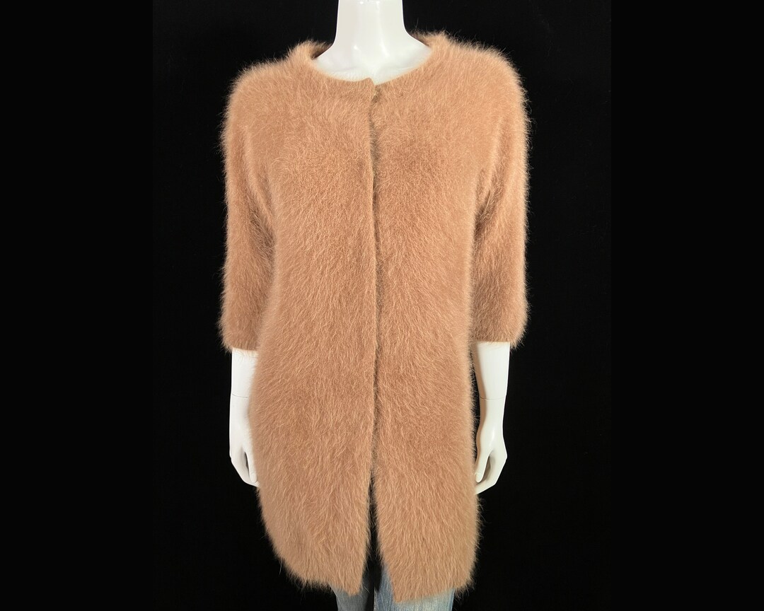 80% Angora Fuzzy Light-brown Snap-closure Duster Cardigan Sweater 34 ...