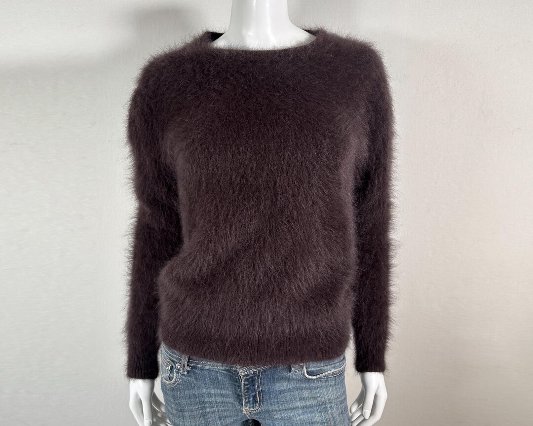 80% Angora Fuzzy Vintage Brown Puff-sleeve Pullover Sweater 34" Bust - Etsy