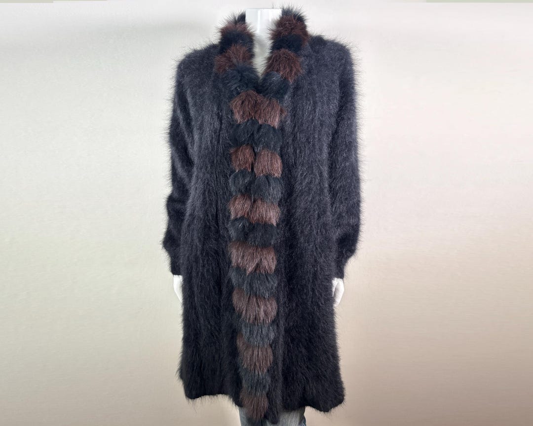 80% Angora Fuzzy Vintage VENESHA Black Lined Fur-trim Sweater Coat 40 ...