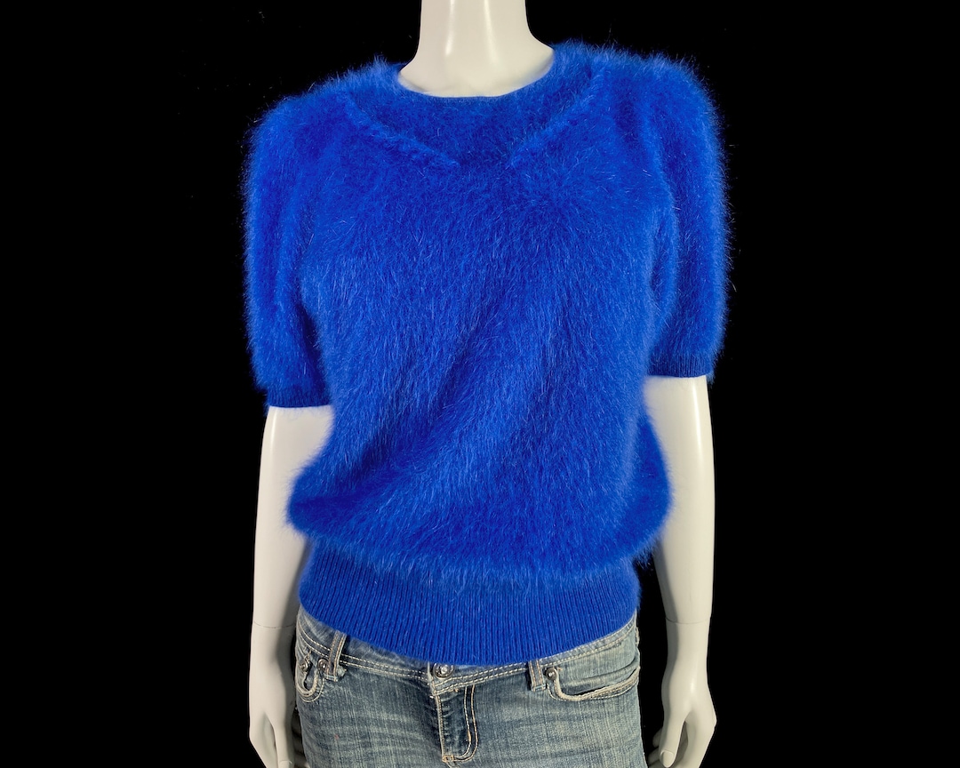 80% Angora Fuzzy Vintage Royal Blue Short Sleeve Pullover Sweater 38 ...