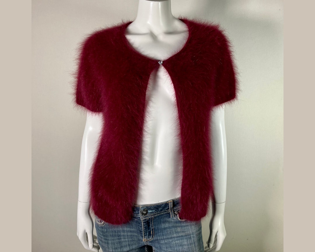 70% Angora Fuzzy MONSOON Burgundy Bolero Short-sleeve Sweater 34"-bust ...
