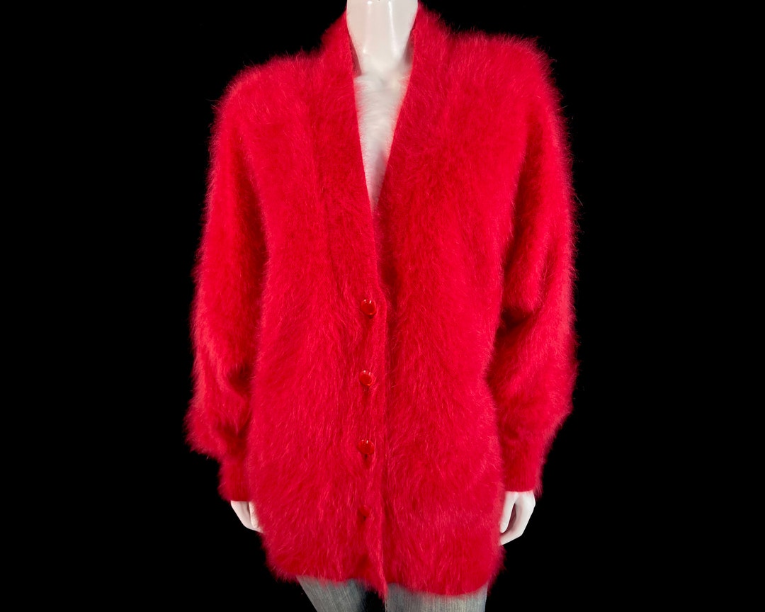 80% Angora Fuzzy Vintage VENESHA Red Lined V-neck Cardigan Sweater ...