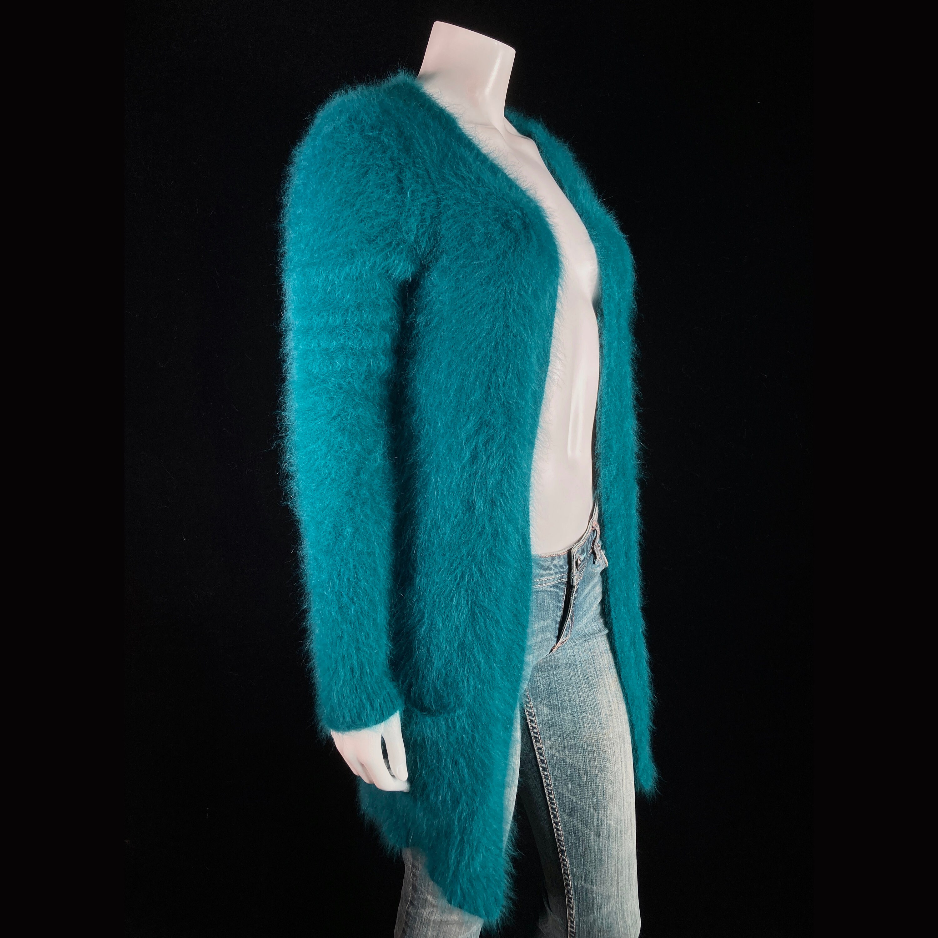 80% Angora Fuzzy THEORY Teal-blue Open-front Duster Cardigan Sweater 32 ...