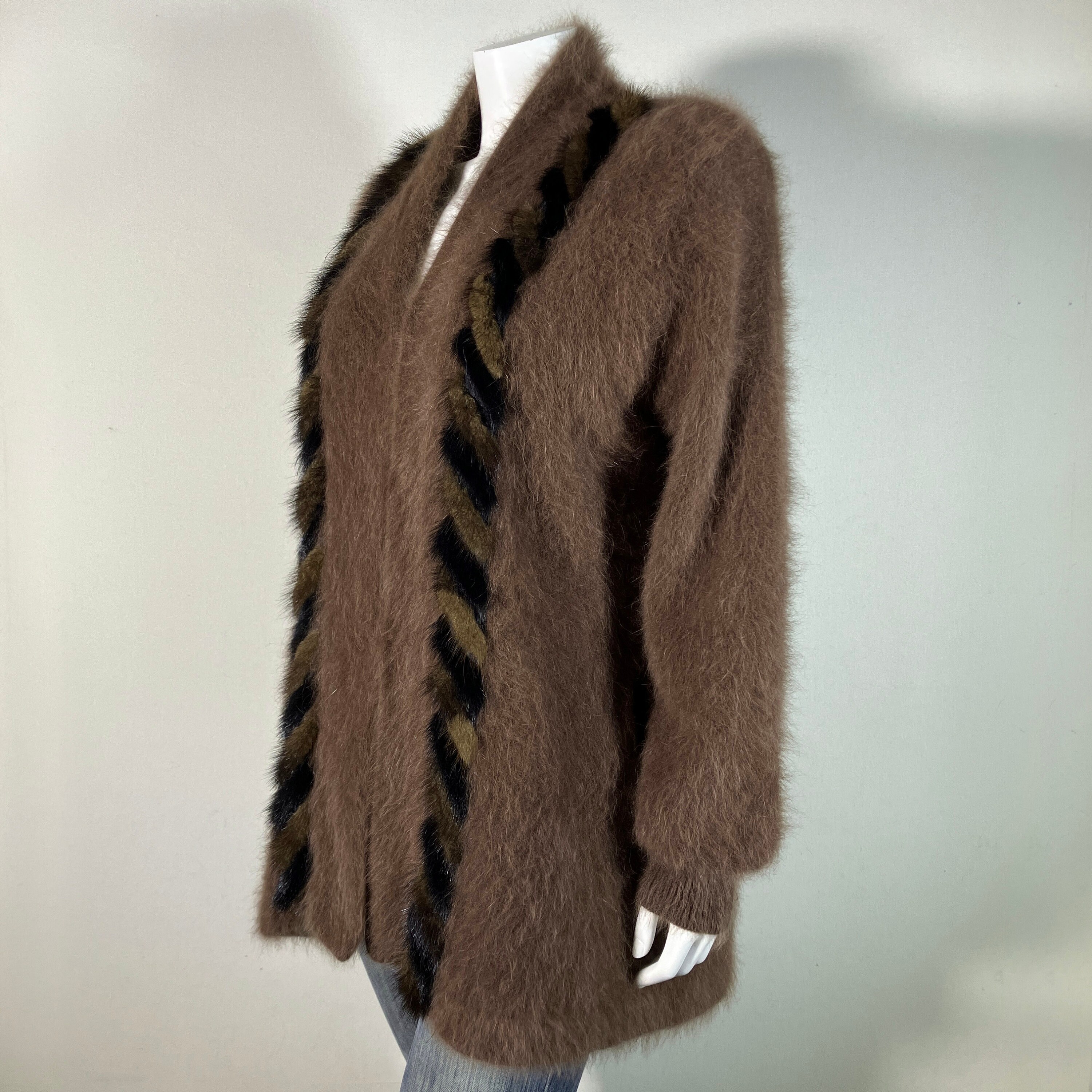 80% Angora Fuzzy Vintage CONNIE A LEE Brown Fur-trim Sweater Coat 44 ...