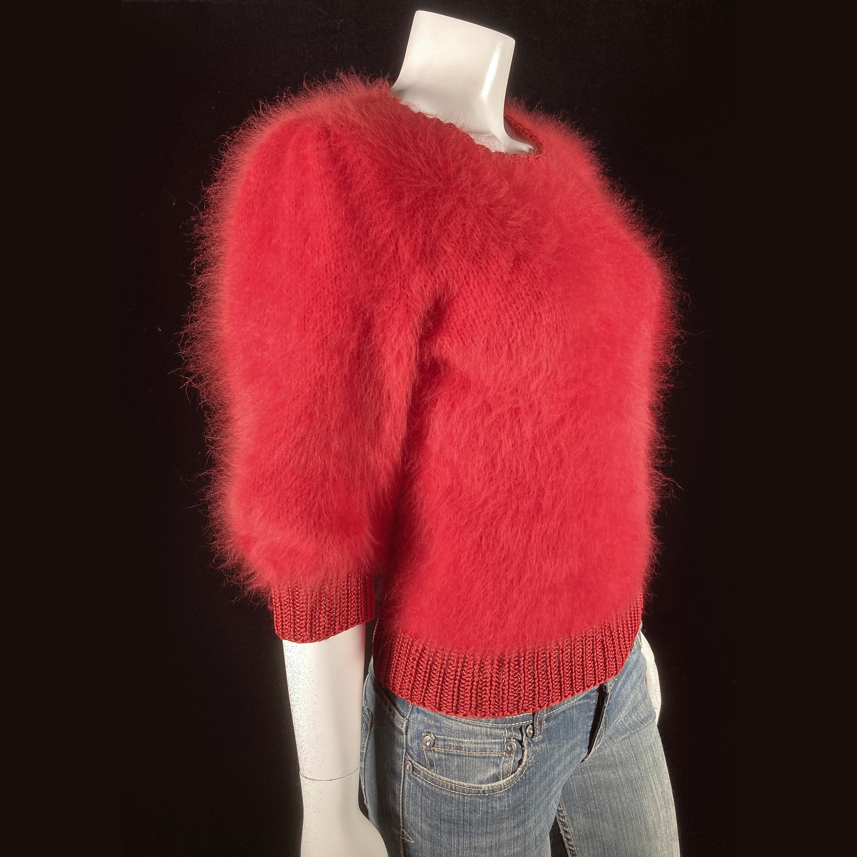 100% Angora Fuzzy Vintage AMALI Red Short-sleeve Pullover Sweater 32 ...