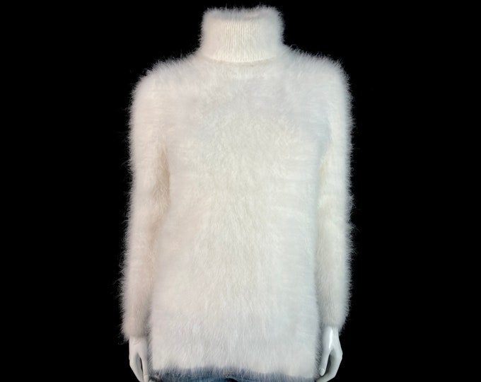80% Angora Fuzzy Vintage Off-white Long-sleeve Turtleneck Sweater 34 ...