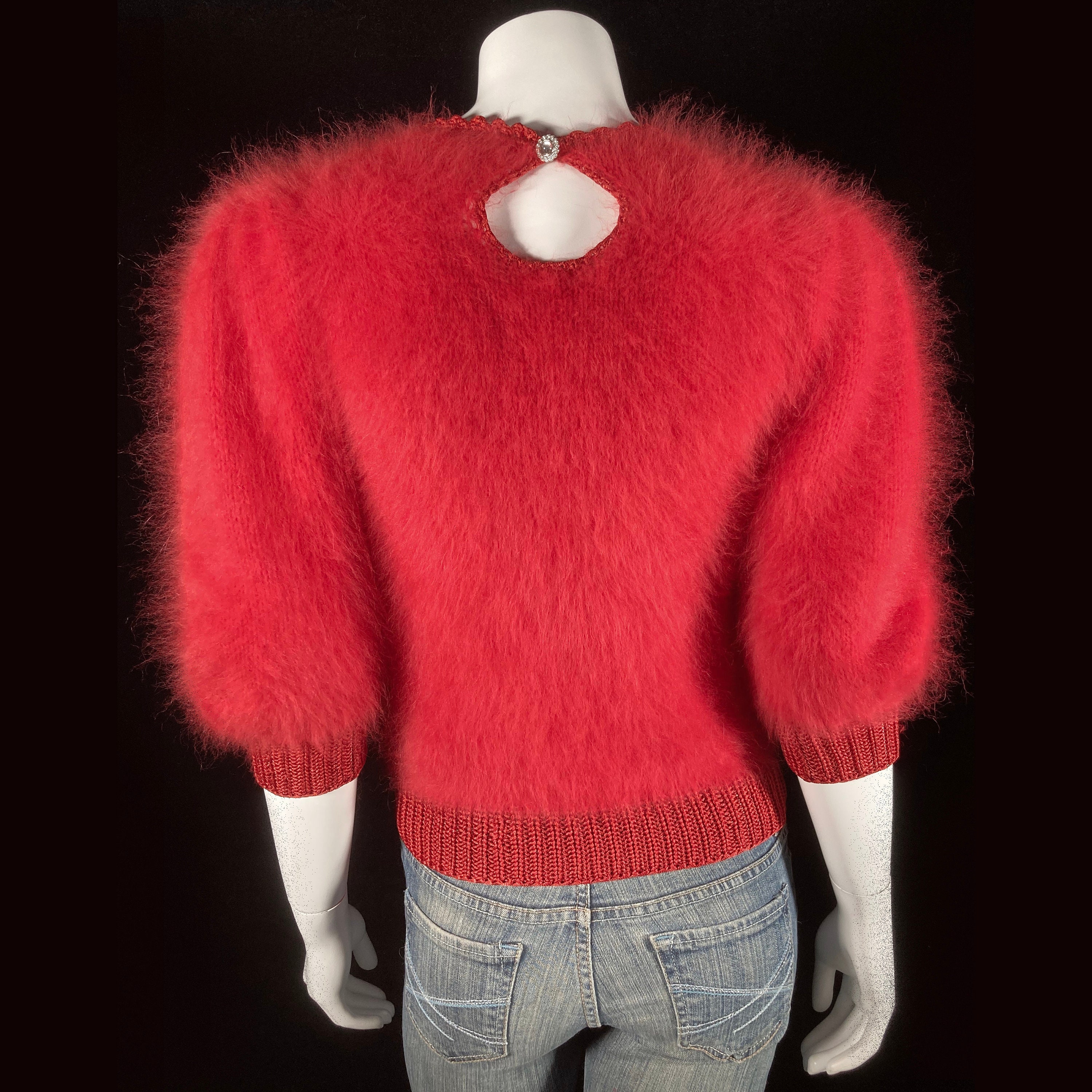 100% Angora Fuzzy Vintage AMALI Red Short-sleeve Pullover Sweater 32 ...