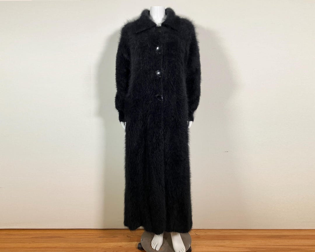 80% Angora Fuzzy Vintage VENESHA Black Lined Long Formal Sweater Coat ...
