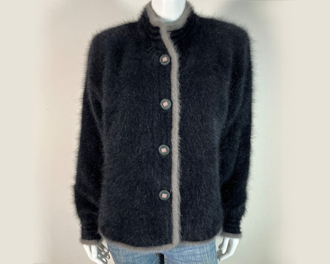 80% Angora Fuzzy Vintage VENESHA Black & Gray Lined Sweater Coat 48 ...