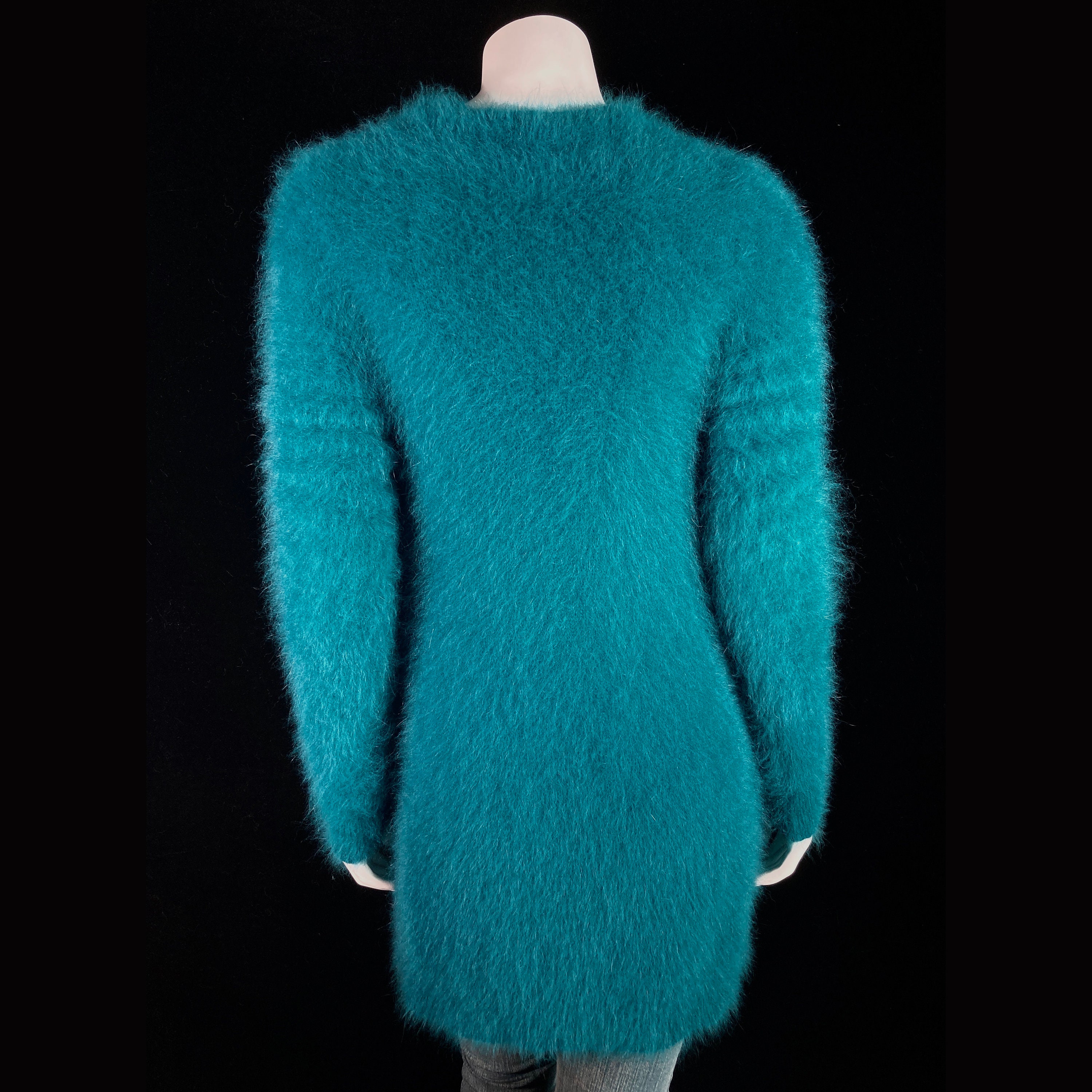 80% Angora Fuzzy THEORY Teal-blue Open-front Duster Cardigan Sweater 32 ...
