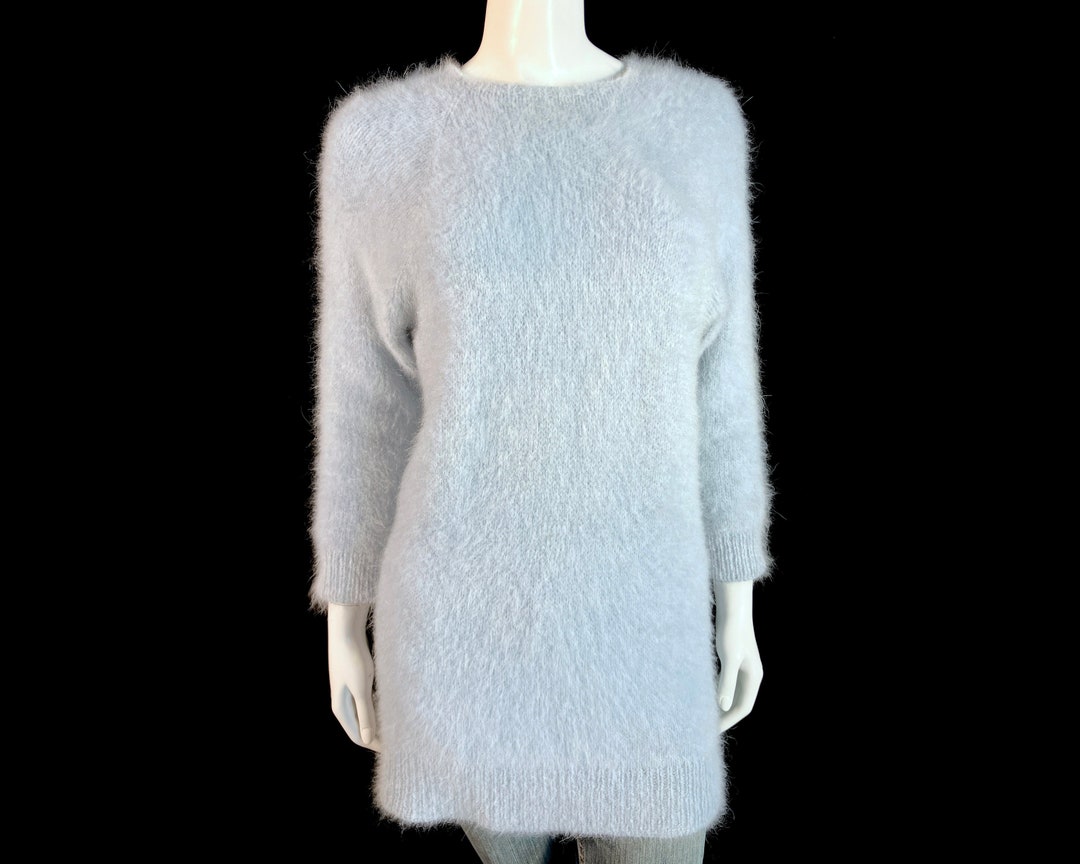 35% Angora Fuzzy Hand-knit Blue Long Pullover Tunic Sweater 37" Bust ...